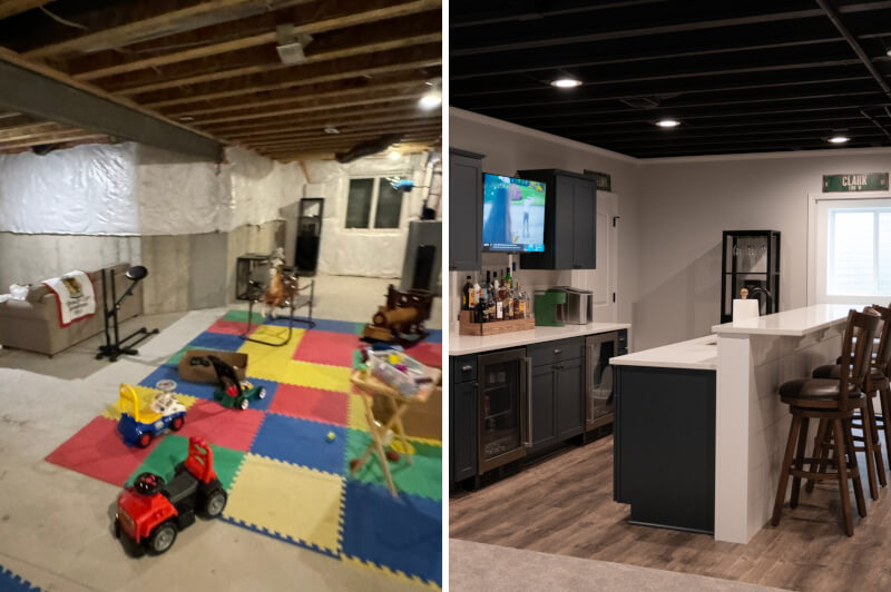 Finished Basement with Bar, Home Office and Bathroom in South Lyon, MI - Basements Plus